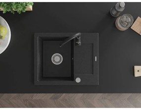 Mexen Enzo, 1-komorový granitový dřez s odkapávačem 58x47 cm a kuchyňskou baterií Telma, černá-stříbrná, 6506-73-670200-70