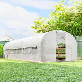 Outsunny tunelový skleník 24 m² — pozinkovaný ocelový rám, rolovací dveře a 2 velká síťovaná okna, plachta 140 g/m², bílá