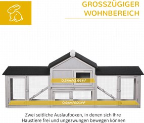 PawHut Velká venkovní králičí bouda dřevěná klec pro 2-4 králíky s asfaltovou střechou, drátěným oplocením, odnímatelným zásobníkem a rampami 210x45x…