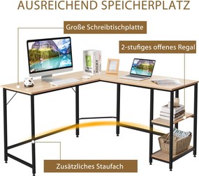Costway Psací stůl ve tvaru L domácí se 2 policemi – 138 × 60 × 75 cm, přírodní