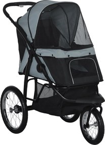 PawHut kočárek pro psy - skládací buggy pro psy a kočky do 20 kg s terénními gumovými koly, polstrovanými okny a dveřmi, šedý kočárek s úložným košem