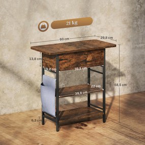 HOMCOM Odkládací stolek, noční stolek s elektrickou lištou, 2 patra, USB porty, úložný prostor 60 x 29,8 x 58,5 cm, rustikální hnědý
