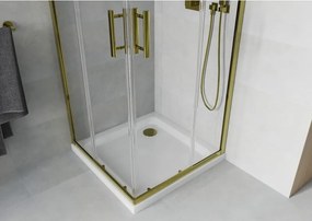 Mexen Rio, čtvercový sprchový kout s posuvnými dveřmi 80 (dveře) x 80 (dveře) x 190 cm, 5mm čiré sklo, zlatý profil + bílá sprchová vanička SLIM, 860-080-080-50-00-4010G