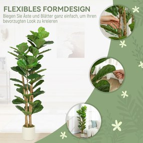HOMCOM umělý fíkus lyrovitý, 150 cm – 71 listů, dřevěný kmen, v květináči, realistické plastové listí pro obývací pokoj, ložnici, kancelář, zahradu
