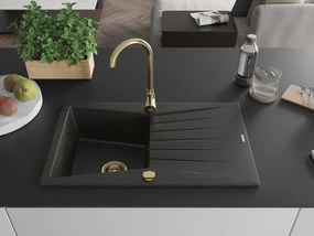 Mexen Cesar, granitový dřez 775x470x190 mm, 1-komorový, černá-zlatá metalíza se zlatým sifonem, 6514771010-75-G