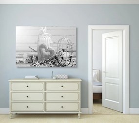 Obraz vintage srdíčko a lucerničky v černobílém provedení - 120x80 cm