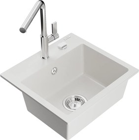 Mexen Milo, 1-komorový granitový dřez 435x410x171 mm a dřezová baterie Flora, bílá, 6505-20-670401-00