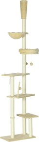 PawHut Podlaha ke Stropu 230-250 cm Kočičí Strom Škrábací Sloup pro Kočky s Nastavitelnou Výškou, Více Platforem, Košíky, Houpací Síť a Visící Míčky B