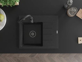 Mexen Ben, 1-komorový granitový dřez 600x500x190 mm, levý + černý sifon, černá-stříbrná metalíza, 6522605000-73-B