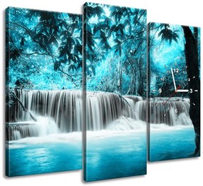 Gario Obraz s hodinami Vodopád v modré džungli - 3 dílný Rozměry: 90 x 70 cm