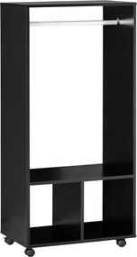 HOMCOM Skříň na kolečkách, Otevřený design s závěsnou tyčí a policemi pro organizaci oblečení do ložnice 60x40x128 cm Černá