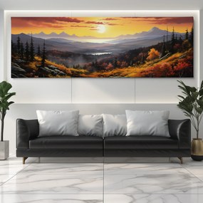 Obraz na plátně - Podzimní kopcovitá krajina s lesy FeelHappy.cz Velikost obrazu: 150 x 50 cm