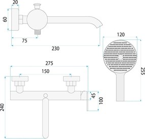 Rea Ontario Side, vanová baterie s ruční sprchovou soupravou, zlatá matná, REA-B6547