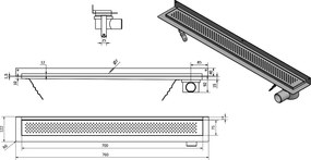 Aqualine, KROKUS nerezový sprchový kanálek s roštem, ke zdi, 760x122x92 mm, 2715-80
