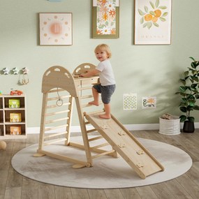 AIYAPLAY 6v1 Montessori lezecký trojúhelník s platformou a kruhy, dřevěný lezecký rám se skluzavkou, přírodní