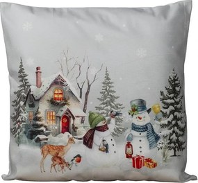 Povlak na polštář Sněhuláci před chaloupkou 40 × 40 cm