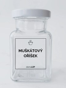 Samolepka na kořenky MUŠKÁTOVÝ OŘÍŠEK průhledná 5 × 5 cm tučné písmo