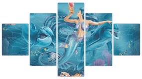 Obraz - Mořská víla s delfíny (125x70 cm)