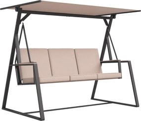 Závěsná lavice Outsunny Hollywood Swing pro 3 osoby se polštáři, zahradní houpačka s nastavitelnou střechou, nosnost až 300 kg, Khaki, 205 x 130 x 175
