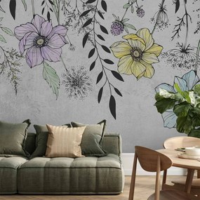 Fototapeta Grafická louka - motiv polních květů v lineárním stylu na šedém pozadí