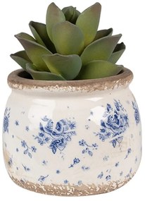Béžový keramický obal na květináč s modrými růžičkami Schylar – 12x10 cm