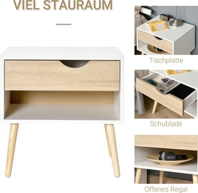 HOMCOM Noční stolek s šuplíkem, moderní design, nohy z masivu, 50 x 39 x 51 cm, bílý a přírodní dřevo