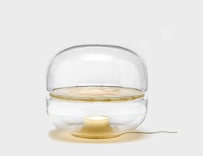Brokis Macaron, skleněná stolní/stojací lampa, Ø 300 mm Barva skla: Amber - transparentní sklo, Základna: Onyx bílý, Disk: Onyx medový
