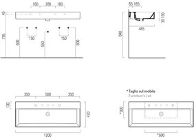 Sapho, KUBE X keramické umyvadlo 120x47 cm, 2 otvory, bílá ExtraGlaze