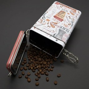 Plechová dóza Coffee Typography, 500 g – bílá, matný povrch, s patentním uzávěrem, s kávovým motivem, na kávu, bylinky, těstoviny a drobnosti