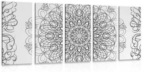 5-dílný obraz abstraktní květinová Mandala v černobílém provedení - 200x100 cm