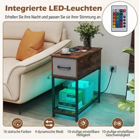Costway Úzký odkládací stolek na svačinu s nabíjecí stanicí a LED světly