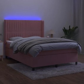 Box spring postel s matrací a LED růžová 140x200 cm samet 3139690