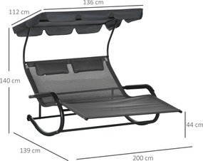 Dvojité lehátko pro 2 osoby, včetně polštářů a stříšky, 200 cm x 139 cm x 140 cm, tmavě šedé