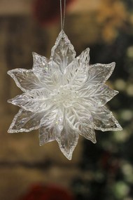 Ledově bílá závěsná ozdoba vánoční růže 13cm