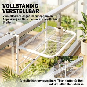 Outsunny balkonový závěsný stůl výškově nastavitelný čtvercový zahradní stůl kovový bílý 60x56,5x45cm pro terasu a zahradu | Aosom.de