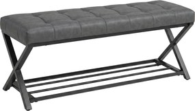 HOMCOM čalouněná lavice na boty s úložným prostorem — průmyslový X-rám z oceli, PU kůže, nosnost 220 kg, 112 × 37 × 47 cm, tmavě šedá