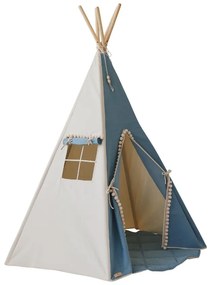 OnaDnes -20% Moi Mili Béžovo-modrý bavlněný teepee stan Fluffy Pompoms 170 x 130 cm