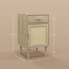 HOMCOM Noční stolek s ratanovými dvířky a policí + 1 zásuvka, bohémský design - 40 x 68,5 cm, přírodní