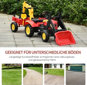 HOMCOM Šlapací traktor s přívěsem a čelním nakladačem, šlapací bagr pro děti od 3 let, červený, 179 x 42 x 59 cm, ideální pro zábavu a hry | Aosom.de