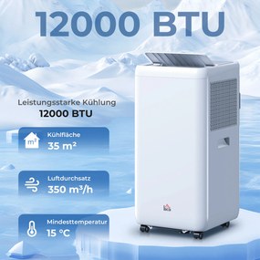 Mobilní klimatizace s odtahovou hadicí 12000 BTU 3,5 kW, 5 v 1, 24hodinový časovač, dálkové ovládání do 35㎡