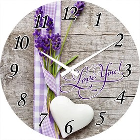 Postershop Nástěnné skleněné hodiny: Love You! (Levandule a srdce) - 30 cm