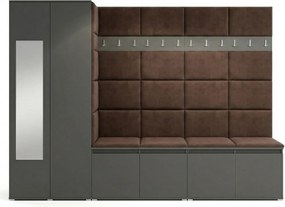Předsíňová stěna Trinity 9 s čalouněnými panely, 290 cm, grafit/ hnědá