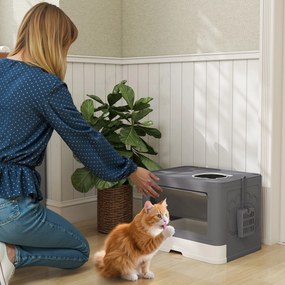 PawHut Kočičí toaleta s víkem, lopatkou a toaletou pro kočky do 4 kg, pro vnitřní použití, plastová šedá 48,5 x 38 x 36,5 cm