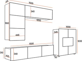GAB Obývací stěna LORONA 3, Bílá/Zlatý dub 150 cm