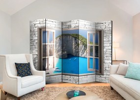 Pokojová zástěna Azurový ráj II - okno s kamennou texturou s výhledem na moře