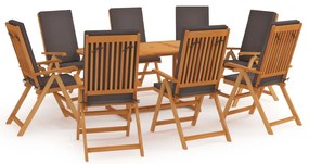 9dílný zahradní jídelní set s poduškami masivní teak šedý 3059556