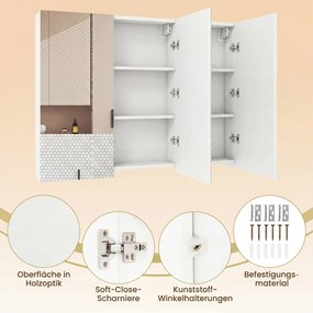 Costway 87 cm zrcadlová skříňka s 3 dveřmi nástěnná vestavná koupelnová