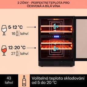 Klarstein Vinovilla Onyx 43, vinotéka, 129 l/43 lahví, 2 zóny, 3 barvy LED osvětlení, skleněné dveře