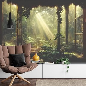 Fototapeta A Large Arch-Shaped Window, A Portal In The Dark Mystical Forest, The Sun&amp;#039;s Rays Pass Through The Window And Trees, Shadows. Fantasy Beautiful Forest Fantasy Landscape. 3D . Hladký vinyl 254x184