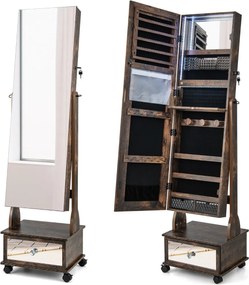 Costway Skříňka na šperky se 3 zrcadly a zásuvkou a kolečky a světly Zrcátko